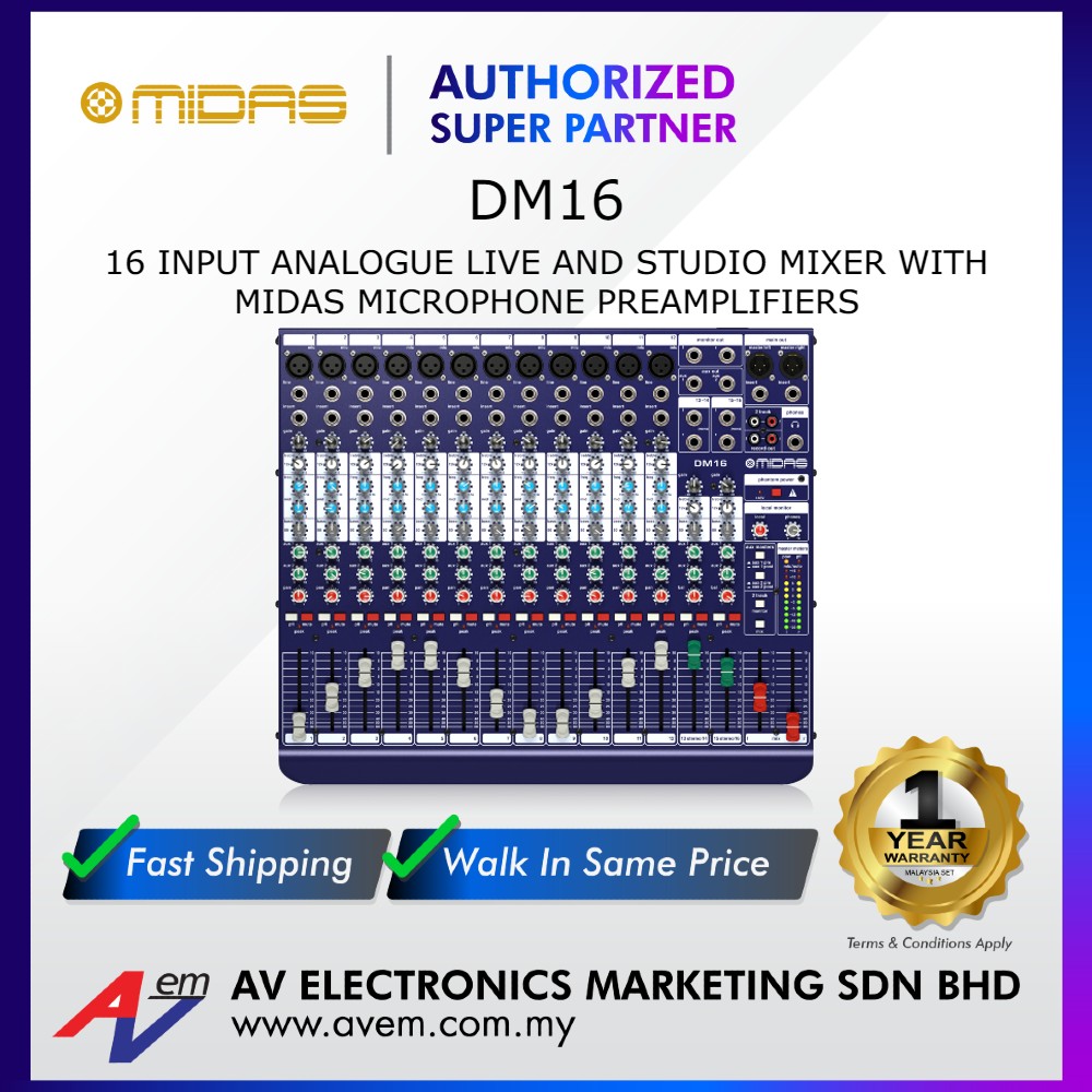 MIDAS DM16 (DM-16) 16 Input Analogue Live and Studio Mixer with Midas Microphone Preamplifiers